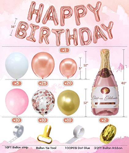 Rose Gold Champagne Bottle Balloon Garland Arch Kit, Rose Gold Happy Birthday Banner Balloons for Birthday Party Decorations, 18th 21st 30th 40th 50th 60th Birthday Decorations for Women Her Girls