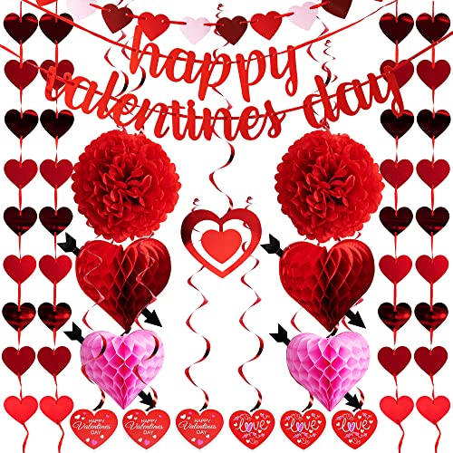 JOYIN 20 Packs Valentine’s Day Party Decoration Kit with valentines Banner, Cutouts Swirls Garland, Tissue Fans & Tissue Poms for Valentines Party Supplies, Valentines Decor Home Wedding Anniversary