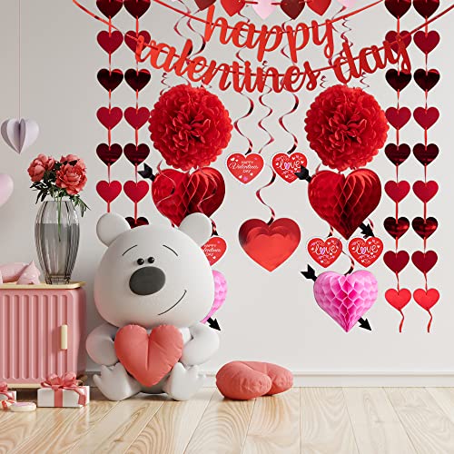 JOYIN 20 Packs Valentine’s Day Party Decoration Kit with valentines Banner, Cutouts Swirls Garland, Tissue Fans & Tissue Poms for Valentines Party Supplies, Valentines Decor Home Wedding Anniversary