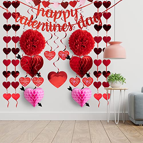 JOYIN 20 Packs Valentine’s Day Party Decoration Kit with valentines Banner, Cutouts Swirls Garland, Tissue Fans & Tissue Poms for Valentines Party Supplies, Valentines Decor Home Wedding Anniversary