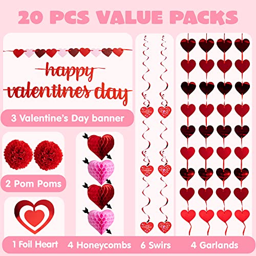 JOYIN 20 Packs Valentine’s Day Party Decoration Kit with valentines Banner, Cutouts Swirls Garland, Tissue Fans & Tissue Poms for Valentines Party Supplies, Valentines Decor Home Wedding Anniversary