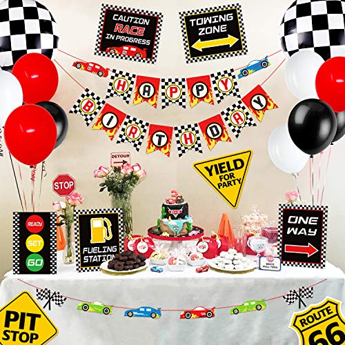 Race Car Birthday Party Decoration Set Race Car Party Signs Racing Birthday Banner Checkered Flags Balloons for Boys Let's go Racing Party Supplies