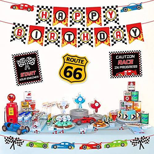 Race Car Birthday Party Decoration Set Race Car Party Signs Racing Birthday Banner Checkered Flags Balloons for Boys Let's go Racing Party Supplies