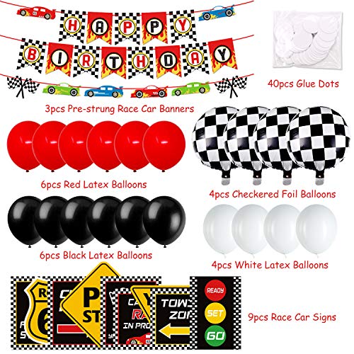 Race Car Birthday Party Decoration Set Race Car Party Signs Racing Birthday Banner Checkered Flags Balloons for Boys Let's go Racing Party Supplies