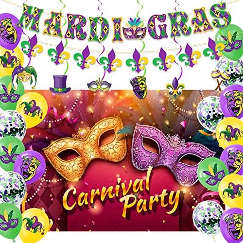 IRCOR Mardi Gras Decorations for Party with Banner Backdrop Balloons & Hanging Decor