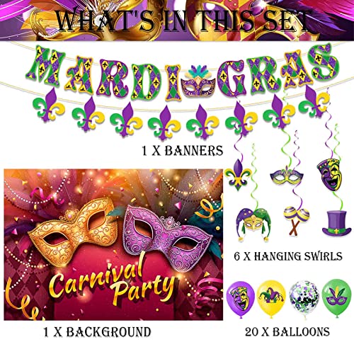 IRCOR Mardi Gras Decorations for Party with Banner Backdrop Balloons & Hanging Decor