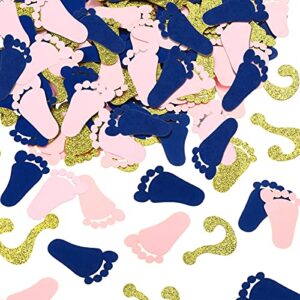 gender reveal confetti for baby shower baby footprint confetti foot print question mark baby sprinkles decorations for birthday party wedding table supplies, pink, gold, dark blue (200 pieces)