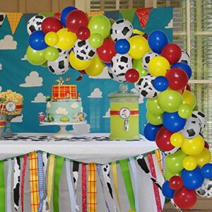 Toy Inspired Story Party Balloons Arch, 120pcs Cow Pattern Printed White Balloons Green Red Blue Yellow Latex Balloons with Balloon Strip for Baby Shower, Kids Birthday Party Backdrop Decorations