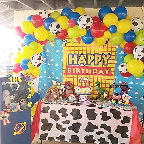 Toy Inspired Story Party Balloons Arch, 120pcs Cow Pattern Printed White Balloons Green Red Blue Yellow Latex Balloons with Balloon Strip for Baby Shower, Kids Birthday Party Backdrop Decorations