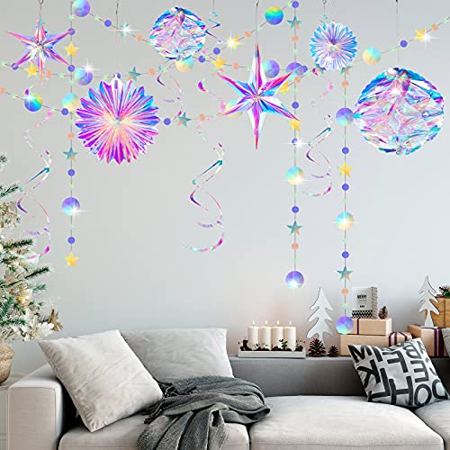 Ganory 29 Pieces Home Iridescent Party Supplies Kit with Hanging Honeycomb Ball Decorative Paper Fan Snowflake Garlands White Star Hanging Swirl Decorations for Birthday Wedding Party Decorations