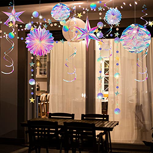 Ganory 29 Pieces Home Iridescent Party Supplies Kit with Hanging Honeycomb Ball Decorative Paper Fan Snowflake Garlands White Star Hanging Swirl Decorations for Birthday Wedding Party Decorations