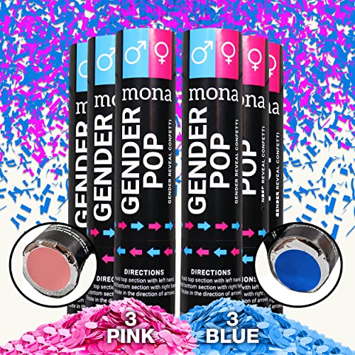 Mona Gender Reveal Confetti Cannon- 6-Pack (3 Blue, 3 Pink) - Gender Reveal Confetti Poppers, Baby Gender Reveal Party Supplies Kit, Great Gender Reveal Ideas