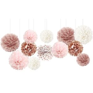 aobkiat wedding decorations tissue paper pom poms – 12 pcs rose gold pink white paper flower pom pom kit decorations for wedding birthday baby shower bachelorette bridal shower party supplies