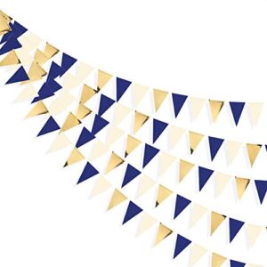 30 ft navy blue beige gold party decorations hanging paper triangle flag pennant banner bunting garland for bachelorette engagement wedding birthday baby bridal shower anniversary hen party supplies