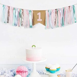 Baby Birthday Decoration - 1st Birthday Baby High Chair Banner Chair Tutu Skirt Decoration for Birthday Party Supplies (Pink&Green)…