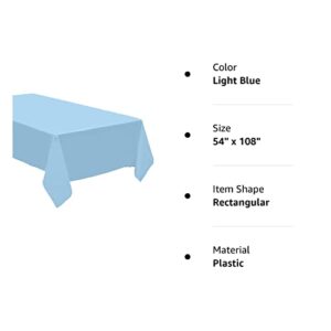 Pack of 4: Disposable Plastic Tablecloths / Table Covers, 54 x 108 inches Each (Light Blue)