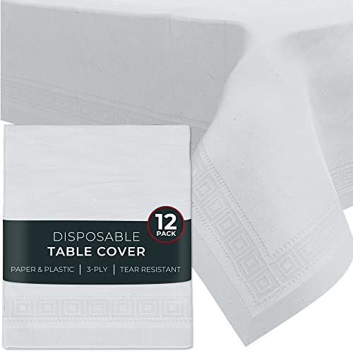 HOUZZKINGZ USA Paper Tablecloths for Rectangle Tables | 54” X 108” – 12 Pack | White Paper Disposable Tablecloth | 3-Ply Premium Paper & Plastic Table Cloths for Parties Disposable