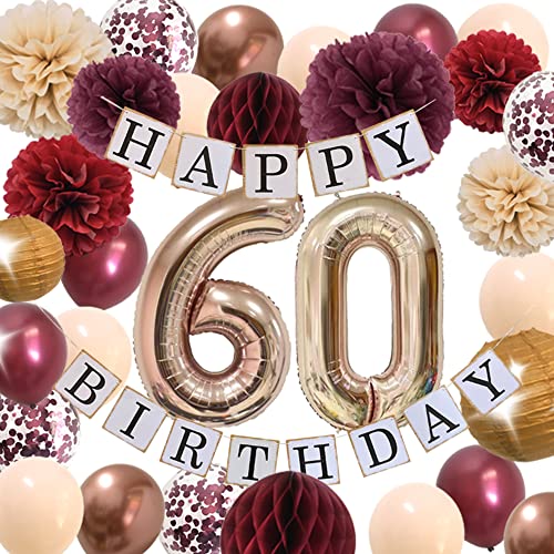 60th birthday decorations women – Rose gold 60 birthday party supplies for Happy Womens with Fabulous Champagne burgundy flowers Balloons Tissues Decor (burgundy + Champagne)