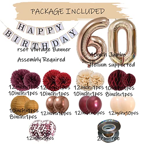 60th birthday decorations women – Rose gold 60 birthday party supplies for Happy Womens with Fabulous Champagne burgundy flowers Balloons Tissues Decor (burgundy + Champagne)