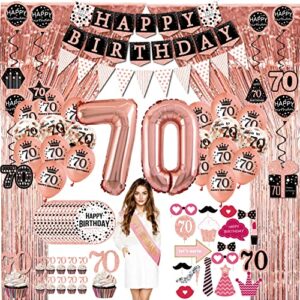 70th birthday decorations for women – (76pack) rose gold party banner, pennant, hanging swirl, birthday balloons, foil backdrops, cupcake topper, plates, photo props, birthday sash for gifts women