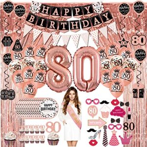 80th birthday decorations for women – (76pack) rose gold party banner, pennant, hanging swirl, birthday balloons, foil backdrops, cupcake topper, plates, photo props, birthday sash for gifts women