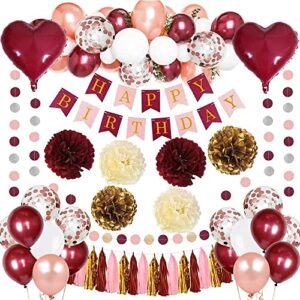 birthday decorations for women, burgundy party decorations with rose gold white balloons happy birthday banner for bachelorette wedding lady 30th 40th (for all)