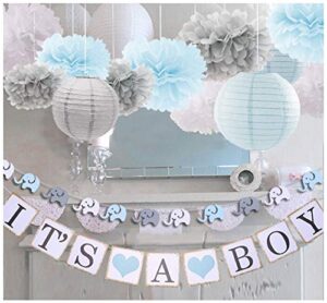 luckylibra boy baby shower decorations, it is a boy banners elephant garland and paper lantern paper flower pom poms （blue white grey）