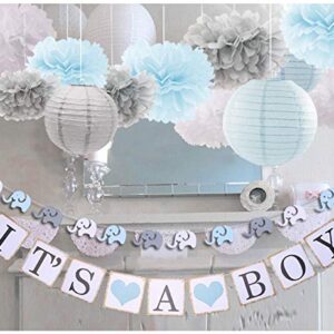 luckylibra Boy baby shower decorations, It is a Boy Banners Elephant Garland and Paper Lantern Paper Flower Pom Poms （Blue White Grey）