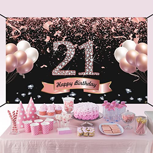 Trgowaul 21st Birthday Decorations for her - Rose Gold 21st Birthday Backdrop for Women 21st Birthday Party Supplies Photography Supplies Background Happy 21st Birthday Banner