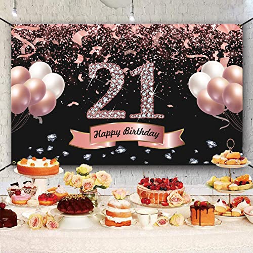 Trgowaul 21st Birthday Decorations for her - Rose Gold 21st Birthday Backdrop for Women 21st Birthday Party Supplies Photography Supplies Background Happy 21st Birthday Banner