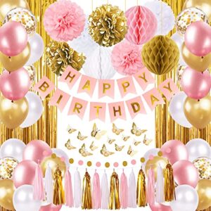 pink and gold birthday party decorations for women with happy birthday banner,curtains, butterfly wall,circle dots garland,tissue pompoms,paper tassels garland birthday for her