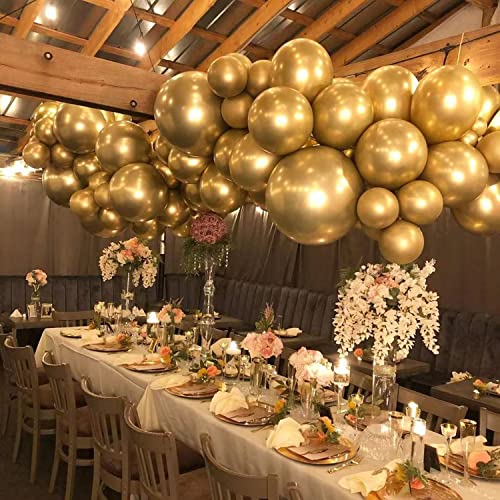 HUICYHFR Gold Metallic Chrome Latex Balloon Arch Kit, 102PCS 18In 12In 10In 5In Arch Garland for Engagement, Wedding, Birthday Party, Anniversary Celebration Decoration With 33FT Ribbon