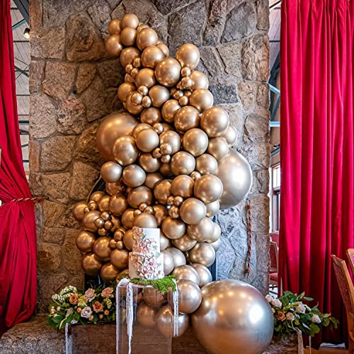 HUICYHFR Gold Metallic Chrome Latex Balloon Arch Kit, 102PCS 18In 12In 10In 5In Arch Garland for Engagement, Wedding, Birthday Party, Anniversary Celebration Decoration With 33FT Ribbon