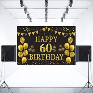 Trgowaul 60th Birthday Backdrop Gold and Black 5.9 X 3.6 Fts Happy Birthday Party Decorations Banner for Women Men Photography Supplies Background Happy Birthday Decoration