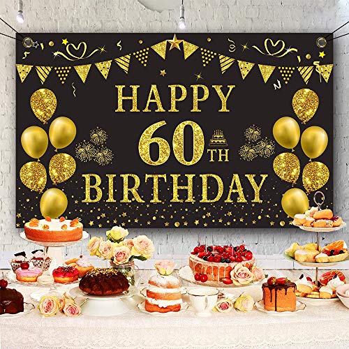 Trgowaul 60th Birthday Backdrop Gold and Black 5.9 X 3.6 Fts Happy Birthday Party Decorations Banner for Women Men Photography Supplies Background Happy Birthday Decoration