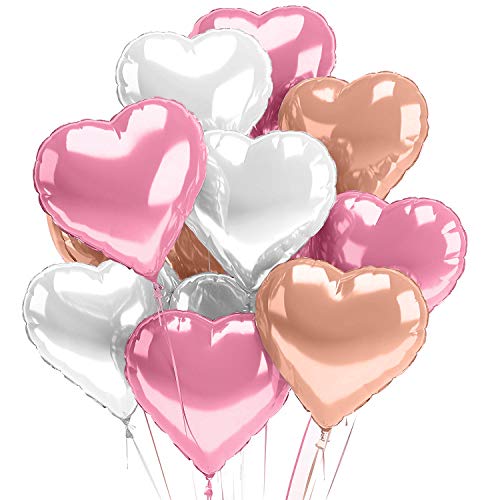 Pastel Heart Balloons 12 PACK Pink Valentines Day Heart Shaped Decorations Rose Gold Mylar Foil Balloon Set