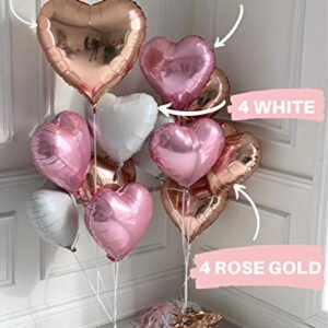 Pastel Heart Balloons 12 PACK Pink Valentines Day Heart Shaped Decorations Rose Gold Mylar Foil Balloon Set