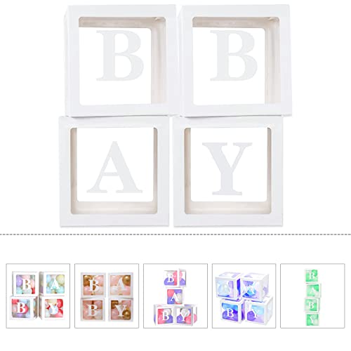 Baby Shower Decoration Baby Balloon Box - 4 pcs Transparent Balloons Boxes with BABY Letter ,White Baby Blocks Centerpieces Party Favors for Baby Girl Boy Birthday Gender Reveal Backdrop