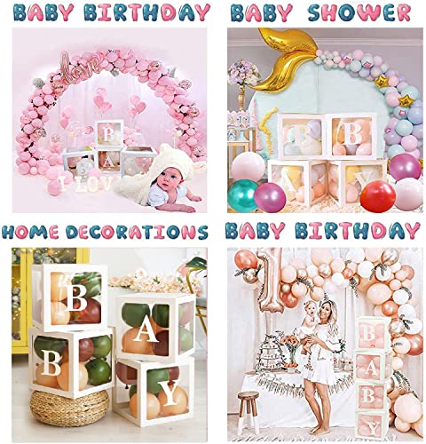 Baby Shower Decoration Baby Balloon Box - 4 pcs Transparent Balloons Boxes with BABY Letter ,White Baby Blocks Centerpieces Party Favors for Baby Girl Boy Birthday Gender Reveal Backdrop