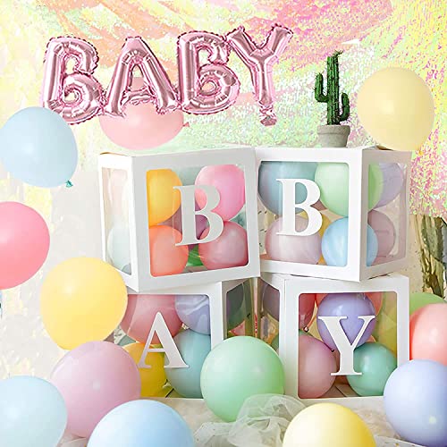 Baby Shower Decoration Baby Balloon Box - 4 pcs Transparent Balloons Boxes with BABY Letter ,White Baby Blocks Centerpieces Party Favors for Baby Girl Boy Birthday Gender Reveal Backdrop