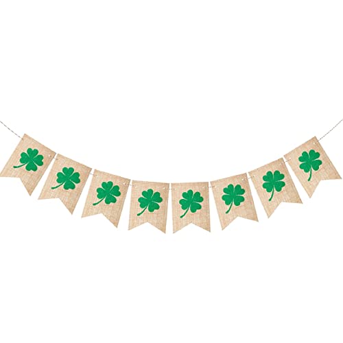 St. Patrick's Day Banner Decorations Shamrock Burlap Banner with Green String Lights Clover Irish Garland Flags for St. Patrick's Day Party Decor