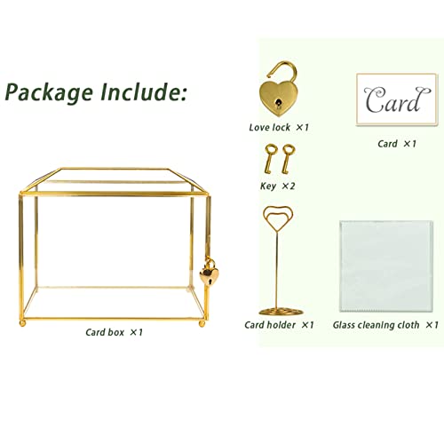 12.6 x 5.9 x 9.0inch Gold Wedding Glass Card Box with Lock and Slot - Wedding Envelope Card Holder for Reception Clear Lock Box with Key Wedding Gold Glass Card Holder Handmade Vintage Wedding Card Box