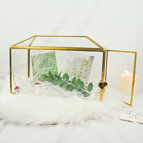 12.6 x 5.9 x 9.0inch Gold Wedding Glass Card Box with Lock and Slot - Wedding Envelope Card Holder for Reception Clear Lock Box with Key Wedding Gold Glass Card Holder Handmade Vintage Wedding Card Box