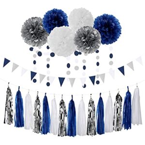 navy blue white silver party decorations,23pcs kit graduation 2023 tissue paper pom poms streamers,tassel garland banner flowers,men birthday bachelorette baby shower christmas decor lasting surprise