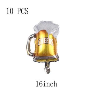 10 Pcs Beer Mug Cheers Foil Balloons Gold 16 Inch Mylar Balloon Beer Theme Party Decoration