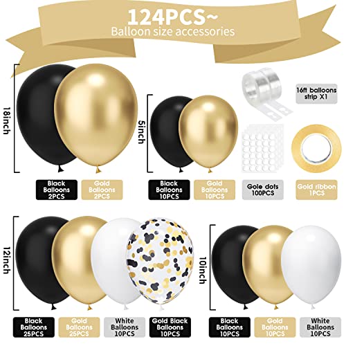 ZOPIBAICO Black White Gold Balloon Garland Arch Kit - 124pcs 18 12 10 5In Black White Metallic Gold and and Black Gold Confetti Balloons for Graduation Birthday Wedding New Year Party Decorations