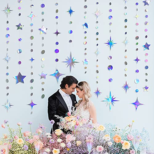 Iridescent Party Decorations Star Circle Dot Paper Garland Banner Bunting Streamer Metallic Hanging Twinkle Star Decoration for Kids Birthday Baby Shower Wedding Festival Engagement Sweet 16 Decor