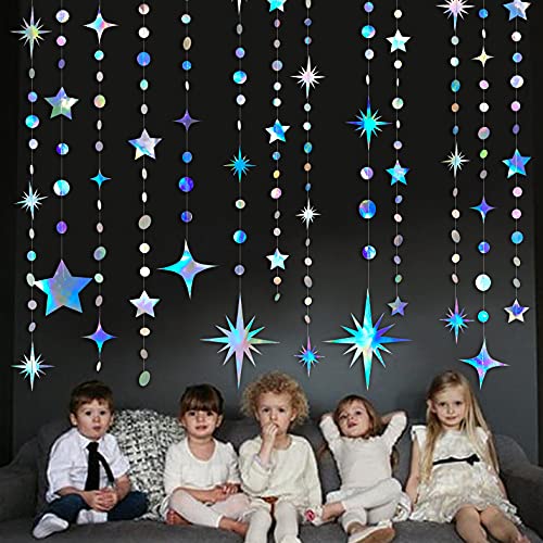 Iridescent Party Decorations Star Circle Dot Paper Garland Banner Bunting Streamer Metallic Hanging Twinkle Star Decoration for Kids Birthday Baby Shower Wedding Festival Engagement Sweet 16 Decor