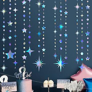 Iridescent Party Decorations Star Circle Dot Paper Garland Banner Bunting Streamer Metallic Hanging Twinkle Star Decoration for Kids Birthday Baby Shower Wedding Festival Engagement Sweet 16 Decor