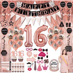 sweet 16 birthday decorations girls – (76pack) rose gold party banner, pennant, hanging swirl, birthday balloons, foil backdrops, cupcake topper, plates, photo props, sash, happy 16th birthday gifts